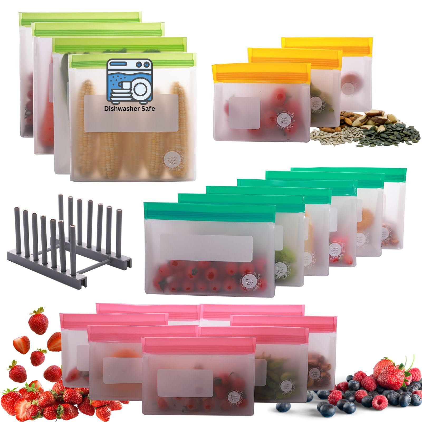 Reusable Silicone Food Storage Bags β 21-Pack Stand-Up, BPA-Free, Freezer, Dishwasher Safe & Eco-Friendly β 4 Gal, 6 L, 7 M, 3 S + Rack β Airtight Leakproof, Organization and Storage Bags (Multicolor)