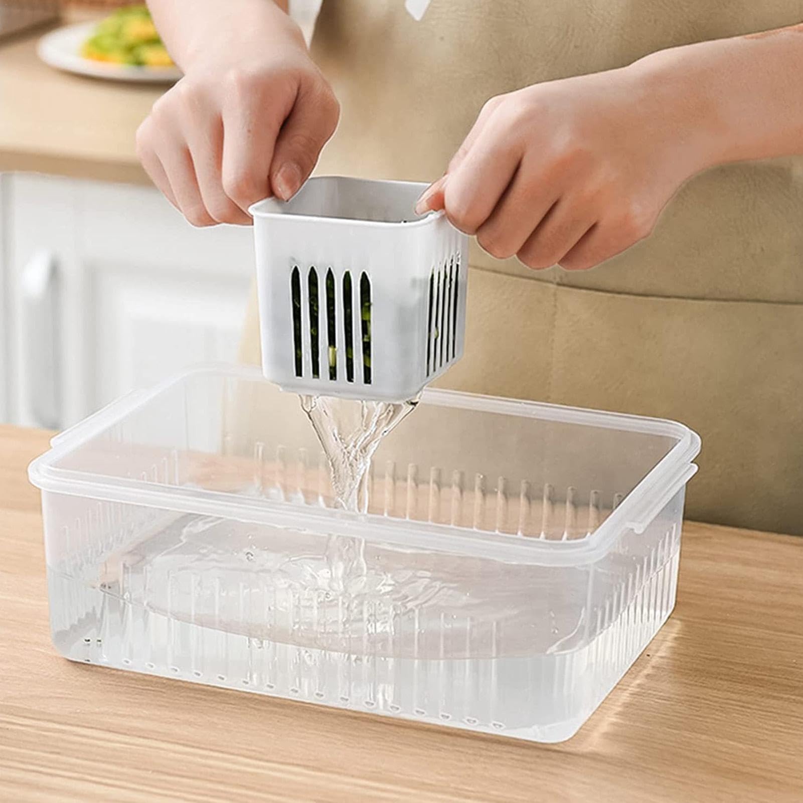 Generic 6 in 1 Scallion Storage Box for Fridge, Food Storing Containers with Lids, Washable & Detachable Drain Basket for Fruit Ginger Garlic Onion,, Translucent white, MLJW9825VBUX23NL7VH1