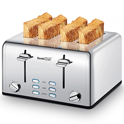 Geek Chef 4 Slice toaster, Best Rated Prime Retro Bagel Toaster with 6 Bread Shade Settings, 4 Extra Wide Slots, Defrost/Bagel/Cancel Function, Removable Crumb Tray, Stainless Steel Toaster (4 slice stainless steel (classic))