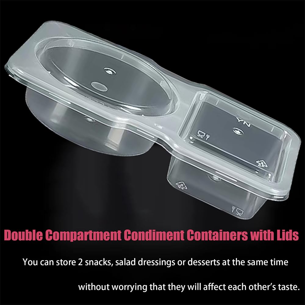 Double Compartment Condiment Container, 2 Compartment Snack Containers, Double Condiment Containers with Lids, Reusable Snack Container for Condiments or Dips, Clear Plastic Portion (5)