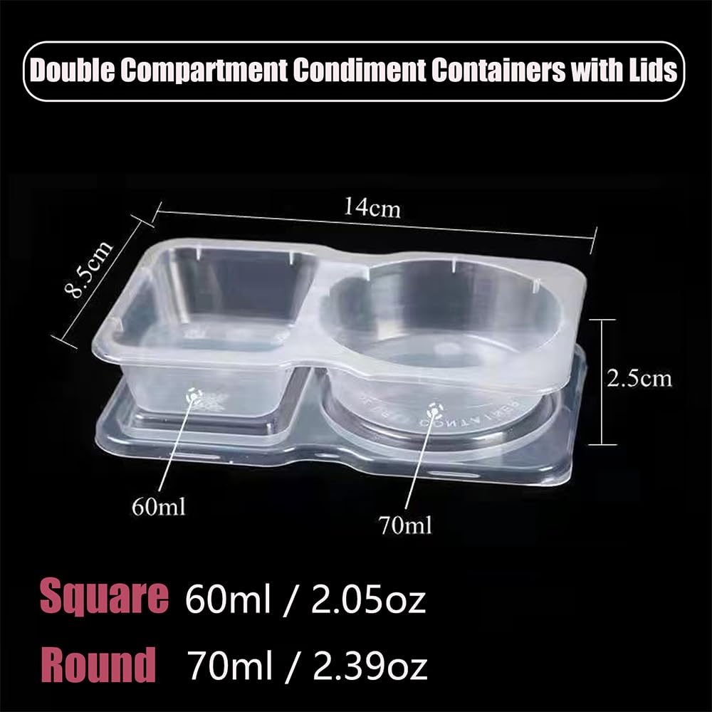 Double Compartment Condiment Container, 2 Compartment Snack Containers, Double Condiment Containers with Lids, Reusable Snack Container for Condiments or Dips, Clear Plastic Portion (5)