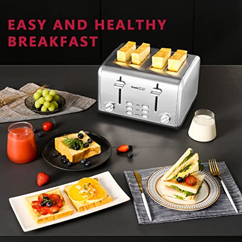 Geek Chef 4 Slice toaster, Best Rated Prime Retro Bagel Toaster with 6 Bread Shade Settings, 4 Extra Wide Slots, Defrost/Bagel/Cancel Function, Removable Crumb Tray, Stainless Steel Toaster (4 slice stainless steel (classic))