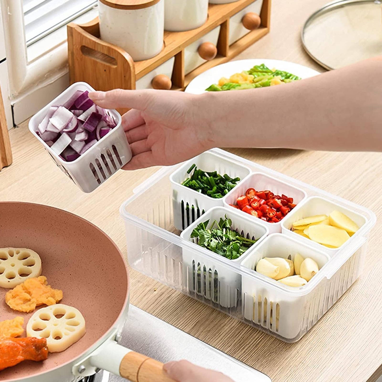 Generic 6 in 1 Scallion Storage Box for Fridge, Food Storing Containers with Lids, Washable & Detachable Drain Basket for Fruit Ginger Garlic Onion,, Translucent white, MLJW9825VBUX23NL7VH1
