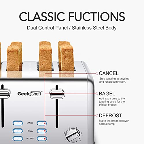 Geek Chef 4 Slice toaster, Best Rated Prime Retro Bagel Toaster with 6 Bread Shade Settings, 4 Extra Wide Slots, Defrost/Bagel/Cancel Function, Removable Crumb Tray, Stainless Steel Toaster (4 slice stainless steel (classic))