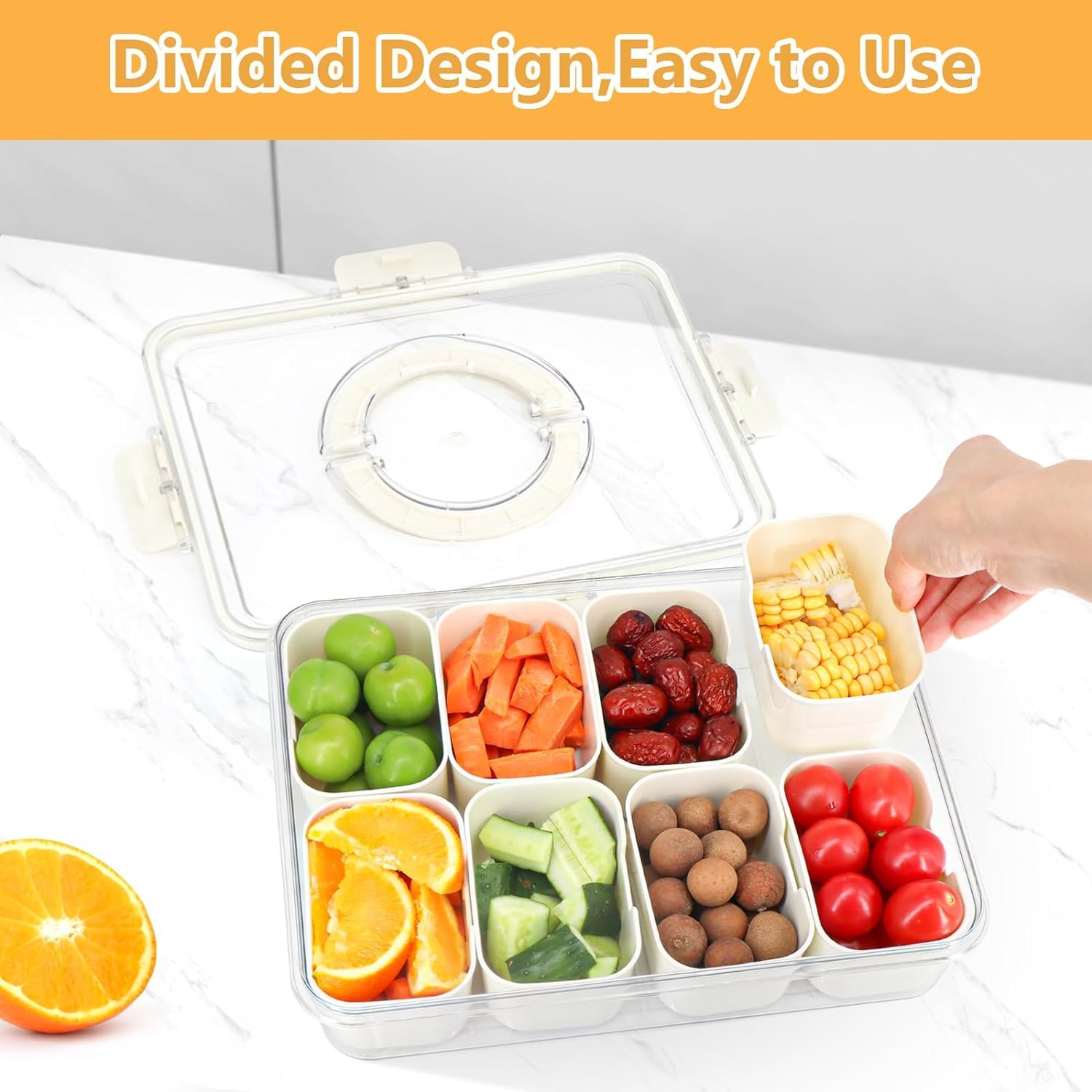 Snackle Box Container Divided Serving Tray with Lid and Handle, Portable Travel Snack Platters for Party, Candy Nuts Fruit Veggie Storage Containers for Fridge, Perfect for Party, Travel, Picnic