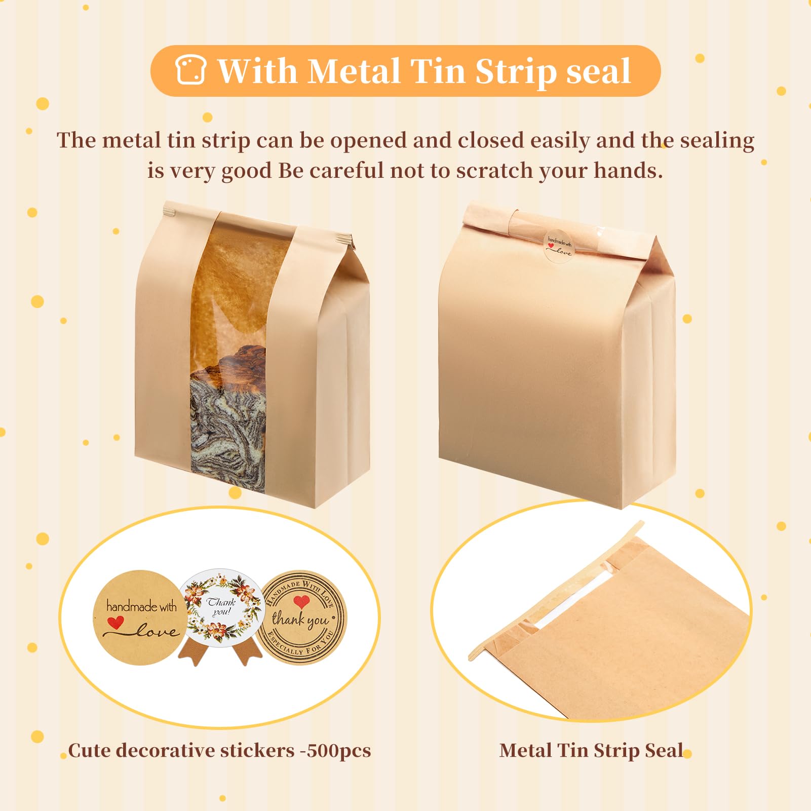 60 Pack Large Kraft Paper Bread Loaf Bag with Tin Tie Tab Lock ,for Homemade Bread Loaf Bags 14" x 8.3" x 3.5",Sourdough Bread Bags with Clear Front Window for Baked Food Packaging Storage. (60)