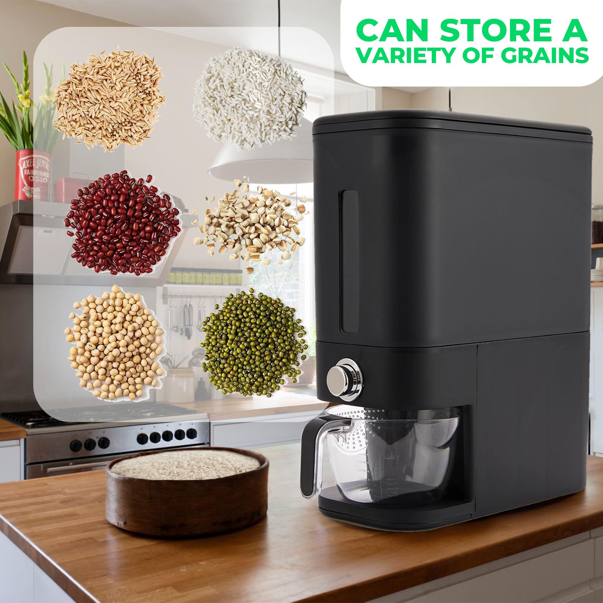 Rice Dispenser 20 lbs I Rice Storage Container 20 lbs with Sponge, Scoop & Rice Measuring Cup I Airtight Rice Container with Lid I Best Food Dispenser Rice Bucket I Cereal Dispenser for Pantry