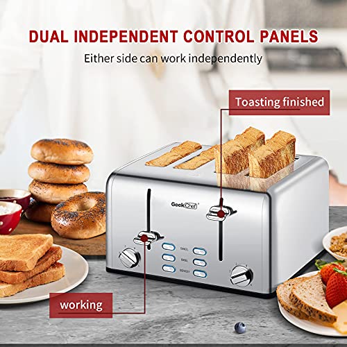 Geek Chef 4 Slice toaster, Best Rated Prime Retro Bagel Toaster with 6 Bread Shade Settings, 4 Extra Wide Slots, Defrost/Bagel/Cancel Function, Removable Crumb Tray, Stainless Steel Toaster (4 slice stainless steel (classic))
