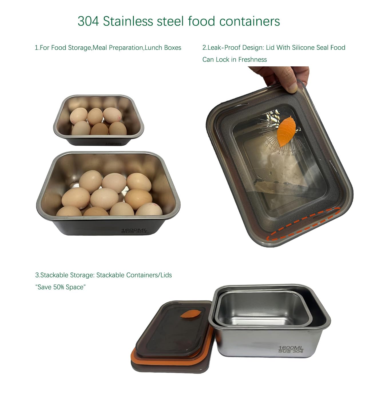 SSQYKJ 2-Pack 304 Stainless Steel Food Storage Containers,1L&1.6L Airtight Lunch Box for Meal Prep,Bento,Kitchen-Stackable,Leakproof,Easy Clean (35oz/54oz)