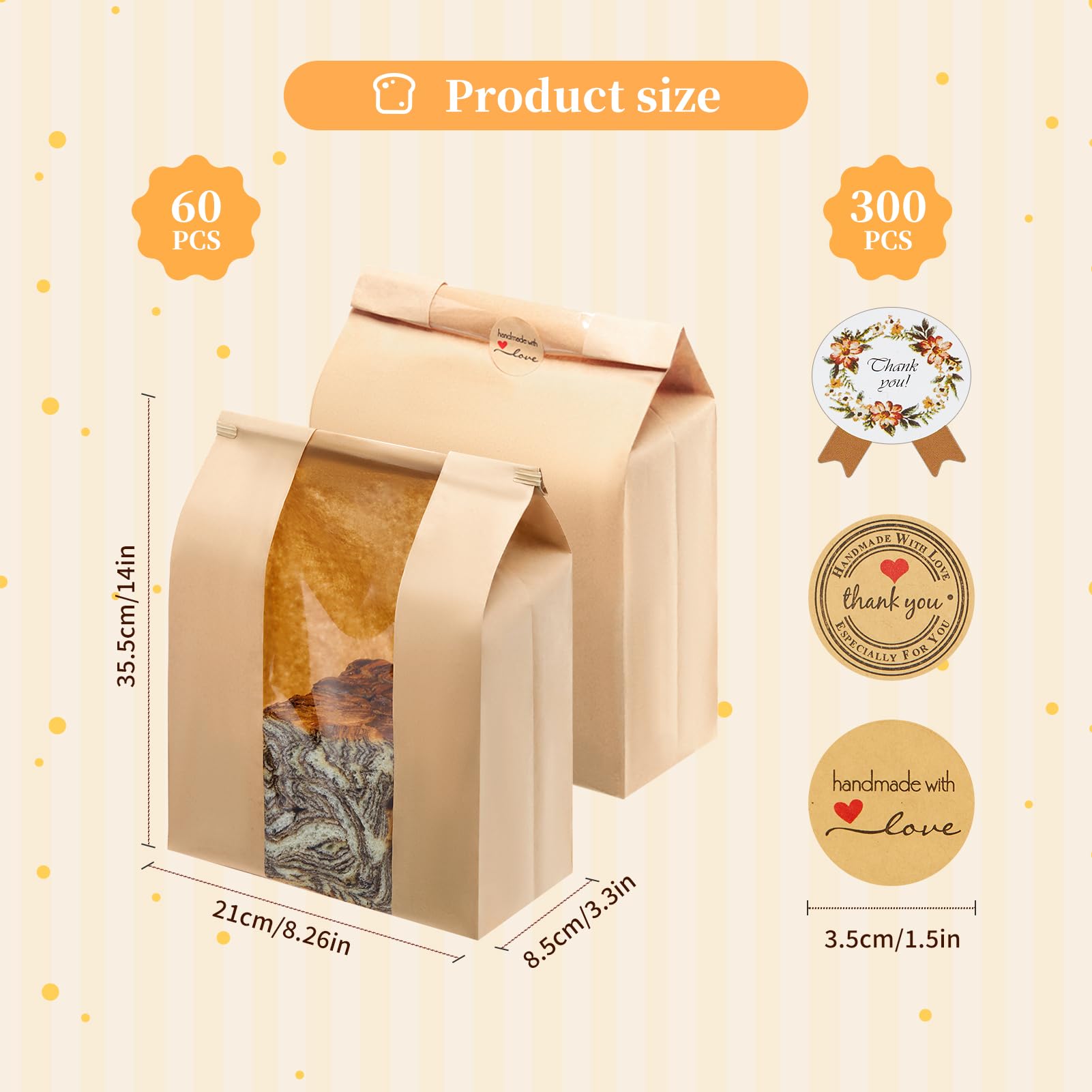 60 Pack Large Kraft Paper Bread Loaf Bag with Tin Tie Tab Lock ,for Homemade Bread Loaf Bags 14" x 8.3" x 3.5",Sourdough Bread Bags with Clear Front Window for Baked Food Packaging Storage. (60)