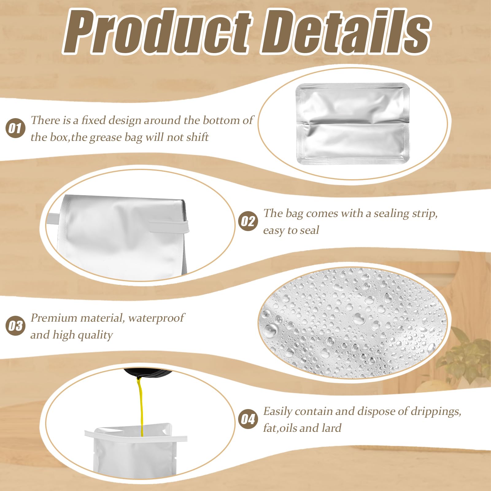 Droutti 20 Pcs Disposable Grease Storage Bags 11/9 inch Foil Grease Disposal Container Food Storage Bags with Sealing Strips Replacement Grease Bags for Kitchen Cooking Hot Liquids Oils, silver