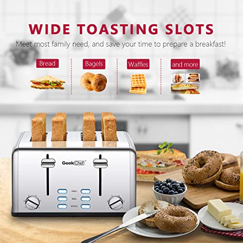 Geek Chef 4 Slice toaster, Best Rated Prime Retro Bagel Toaster with 6 Bread Shade Settings, 4 Extra Wide Slots, Defrost/Bagel/Cancel Function, Removable Crumb Tray, Stainless Steel Toaster (4 slice stainless steel (classic))