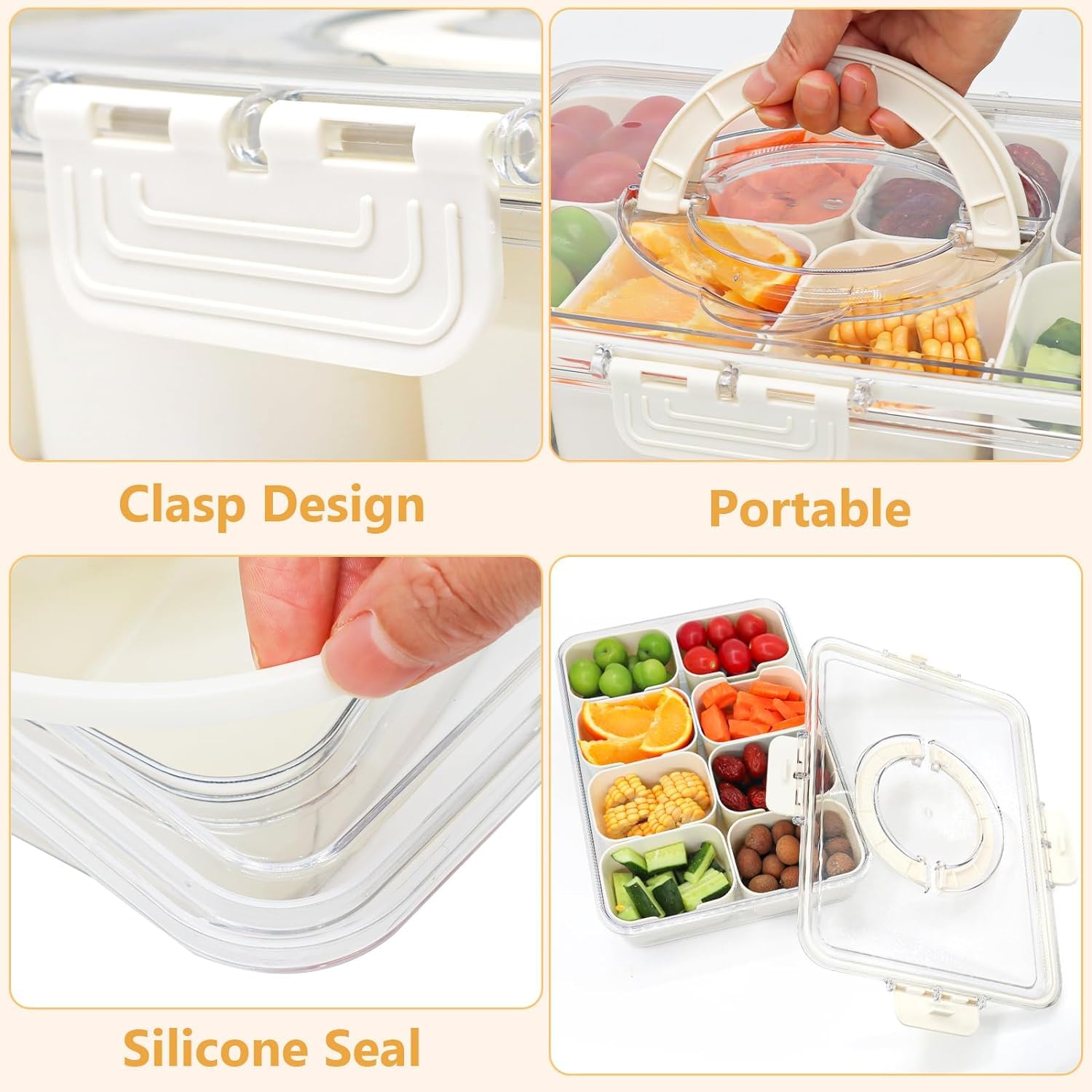 Snackle Box Container Divided Serving Tray with Lid and Handle, Portable Travel Snack Platters for Party, Candy Nuts Fruit Veggie Storage Containers for Fridge, Perfect for Party, Travel, Picnic