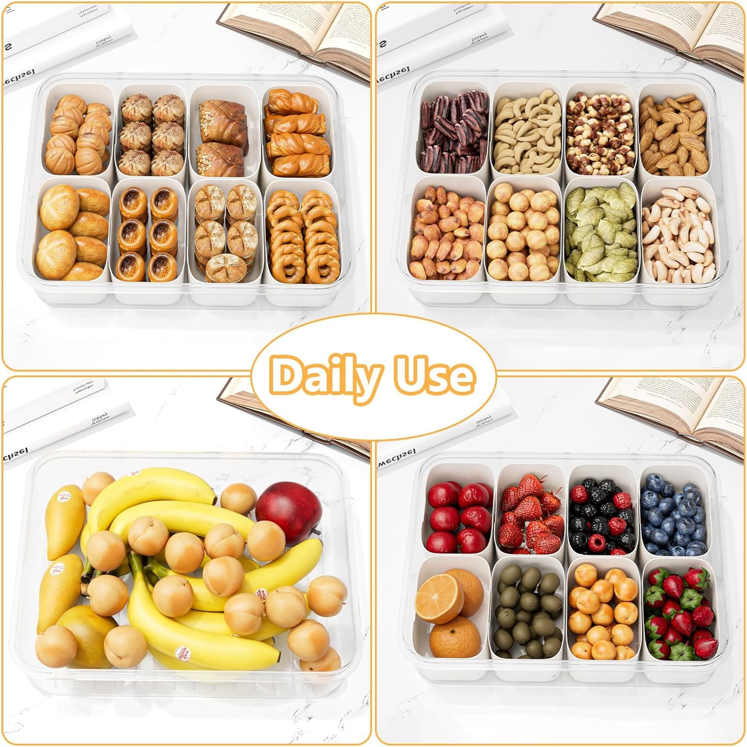 Snackle Box Container Divided Serving Tray with Lid and Handle, Portable Travel Snack Platters for Party, Candy Nuts Fruit Veggie Storage Containers for Fridge, Perfect for Party, Travel, Picnic