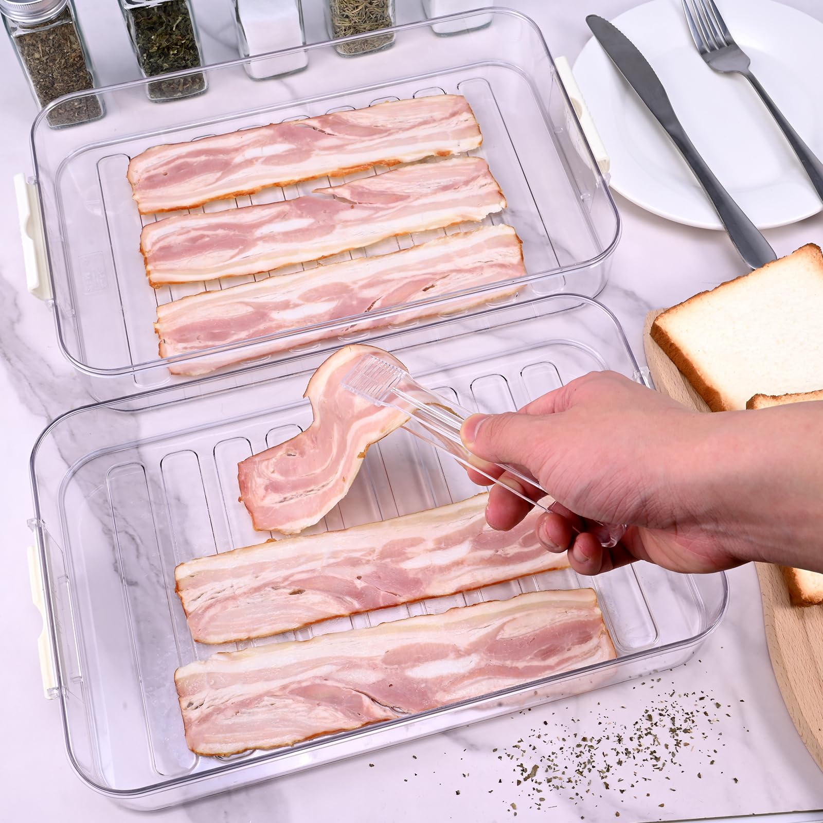 Deli Meat Container for Fridge, 3-Layer Lunch Meat Container for Refrigerator, BPA-Free Stackable Food Storage Boxes, Bacon Keeper Fridge Organization with 2 Pcs Serving Tongs for Bacon Ham Cheese