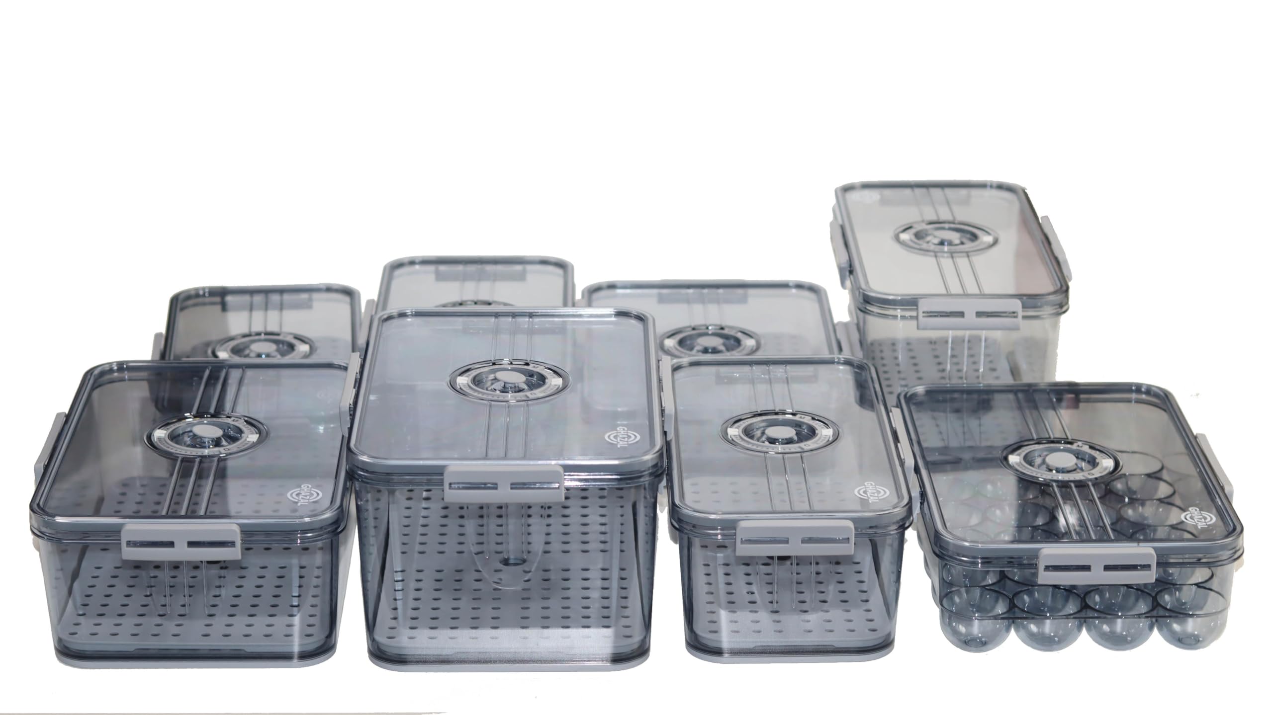 GHAZAL 8 Piece Fridge Organizer Set - Stackable Bins (Large & Small) with Egg Tray, Ghazal_fridge_containers2004-00