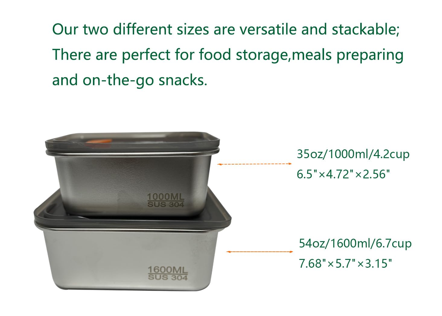 SSQYKJ 2-Pack 304 Stainless Steel Food Storage Containers,1L&1.6L Airtight Lunch Box for Meal Prep,Bento,Kitchen-Stackable,Leakproof,Easy Clean (35oz/54oz)