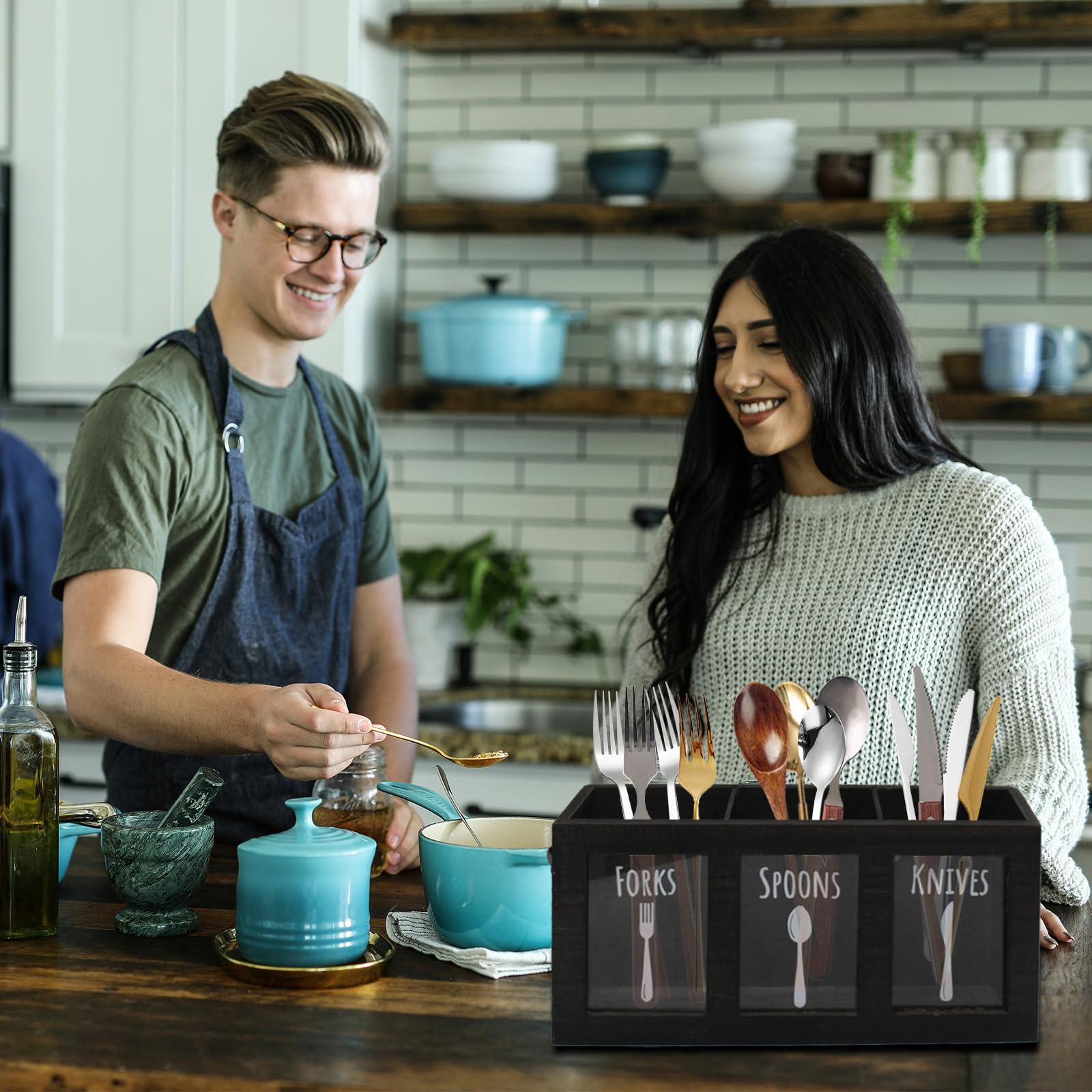 Mibcocny Wood Utensil Caddy For Kitchen Counter, Silverware Organizer Countertop, Spoon And Fork Organizer With Handles, Flatware Cutlery Knife Holder For Party Hosting Storage (Black)