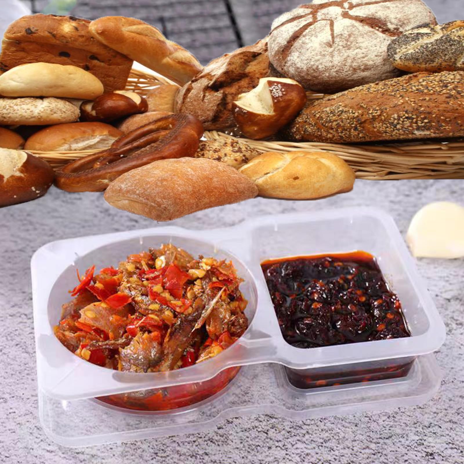 Double Condiment Containers with Lids, Double Compartment Condiment Container, 2 Compartment Snack Containers, Double Compartment Snack Containers for to-go Sauce, Sampling, Travel Snack (5 Pc)