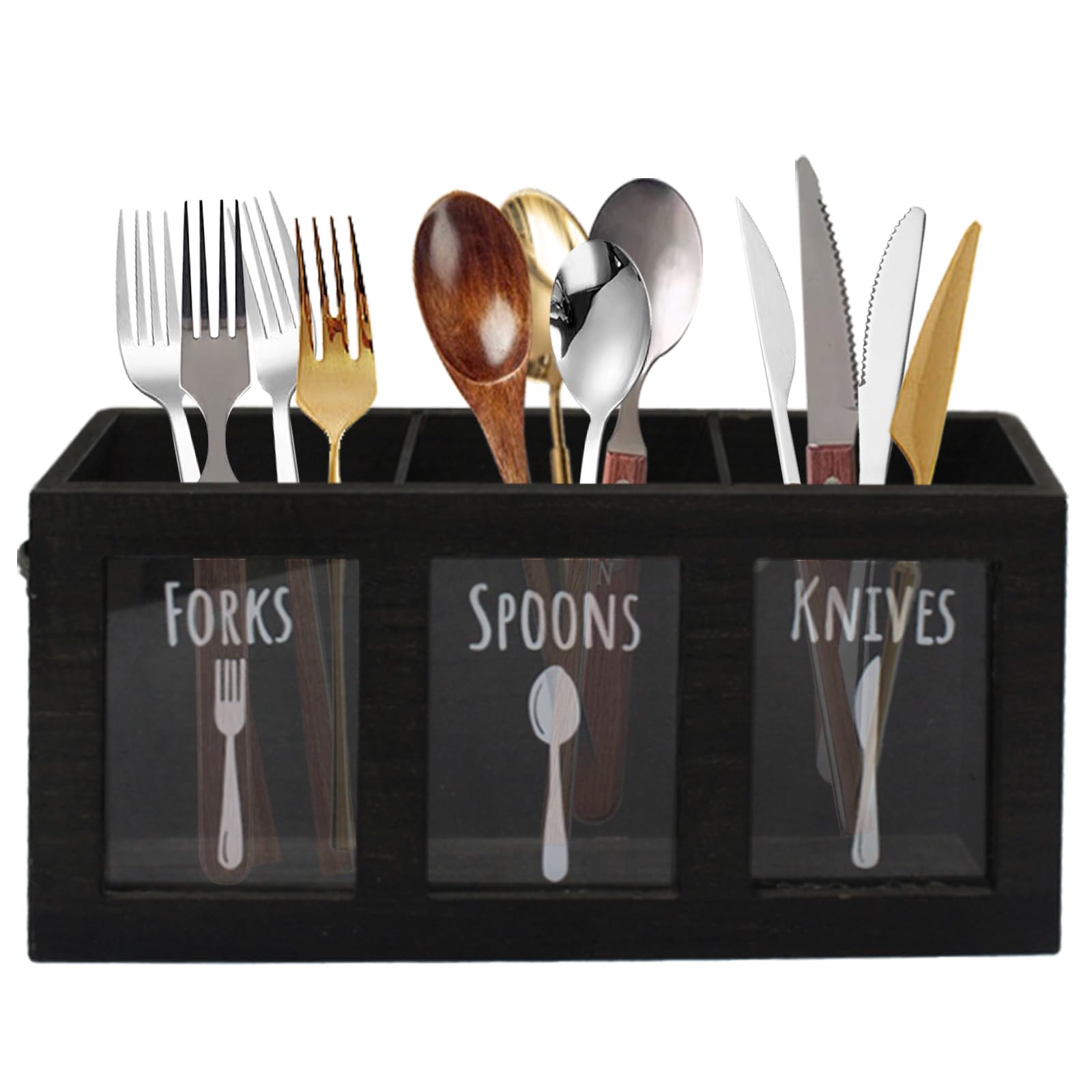 Mibcocny Wood Utensil Caddy For Kitchen Counter, Silverware Organizer Countertop, Spoon And Fork Organizer With Handles, Flatware Cutlery Knife Holder For Party Hosting Storage (Black)