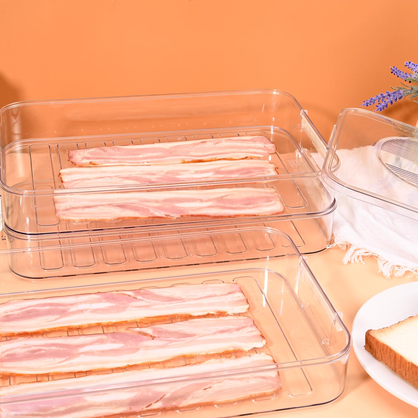 Deli Meat Container for Fridge, 3-Layer Lunch Meat Container for Refrigerator, BPA-Free Stackable Food Storage Boxes, Bacon Keeper Fridge Organization with 2 Pcs Serving Tongs for Bacon Ham Cheese
