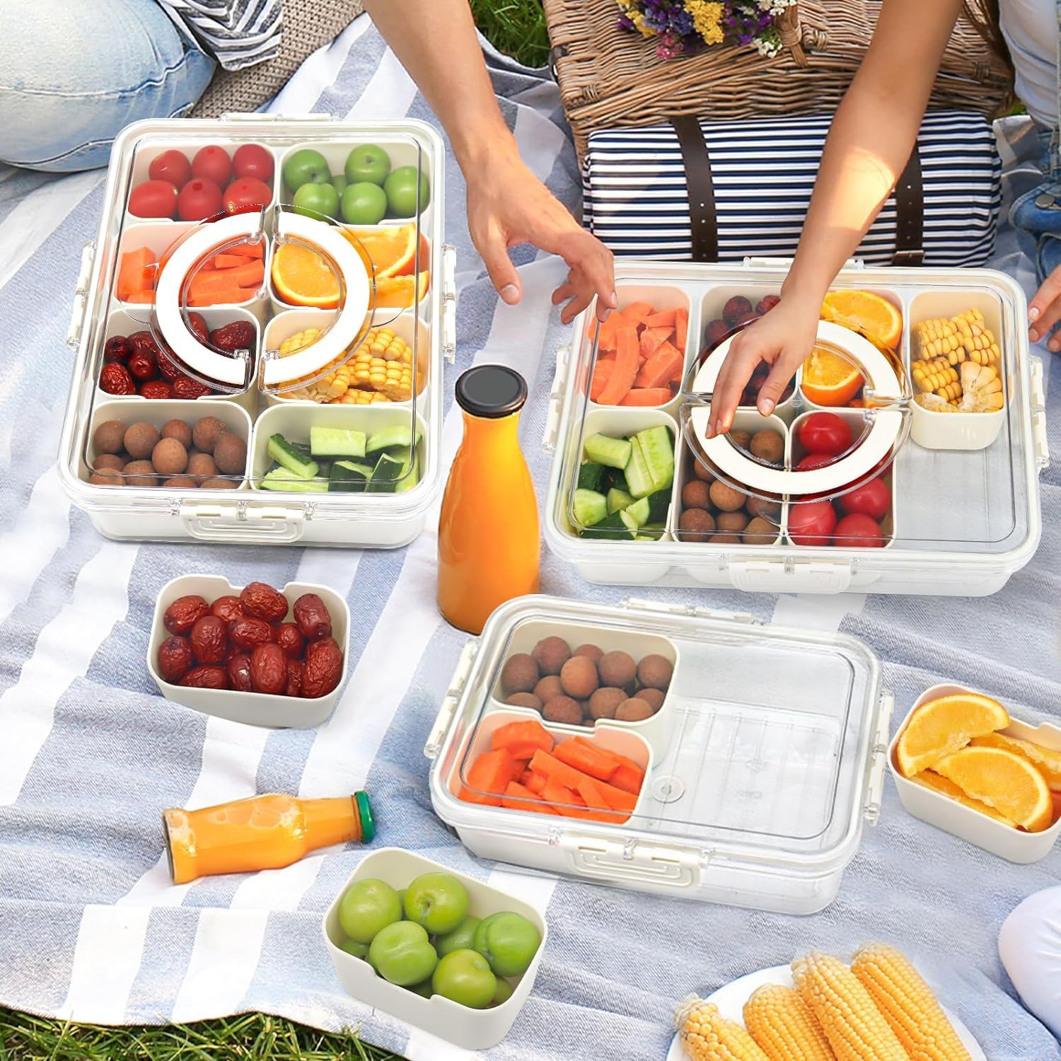 Snackle Box Container Divided Serving Tray with Lid and Handle, Portable Travel Snack Platters for Party, Candy Nuts Fruit Veggie Storage Containers for Fridge, Perfect for Party, Travel, Picnic