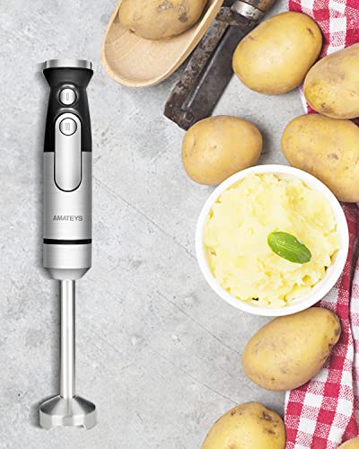 Amateys Handheld Immersion Blender,Infinitely Variable Speeds Hand Blender ,Multi-function Stainless Steel Handheld Stick Kitchen Blender with Whisk, Milk Frother，Detachable Smoothie Blender for Soup Puree Baby Food