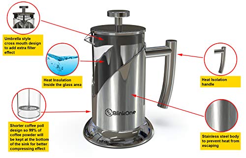 BlinkOne French Press: Single, Double and Up-to Three Serve Cup Espresso Coffee Maker (12 Oz)