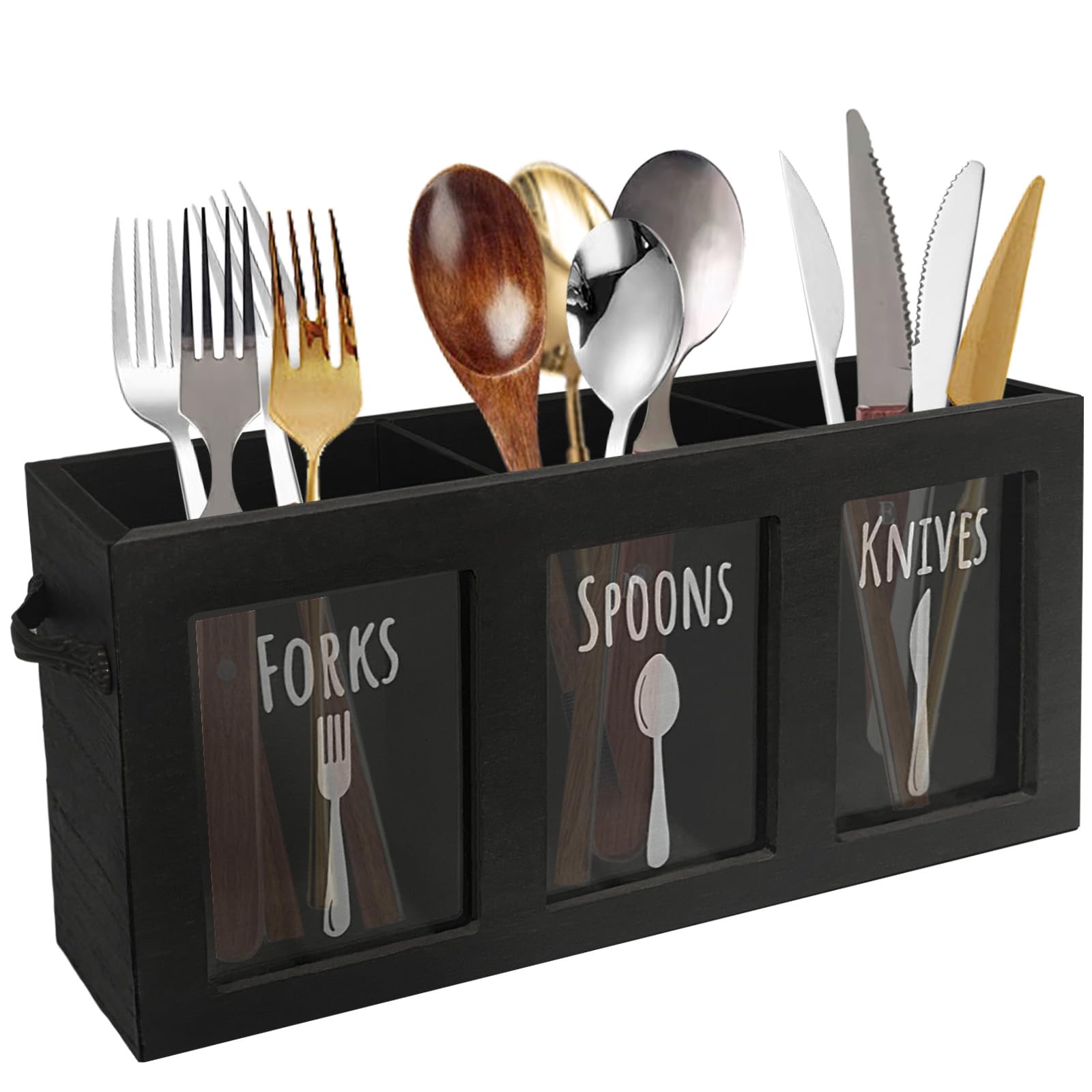 Mibcocny Wood Utensil Caddy For Kitchen Counter, Silverware Organizer Countertop, Spoon And Fork Organizer With Handles, Flatware Cutlery Knife Holder For Party Hosting Storage (Black)