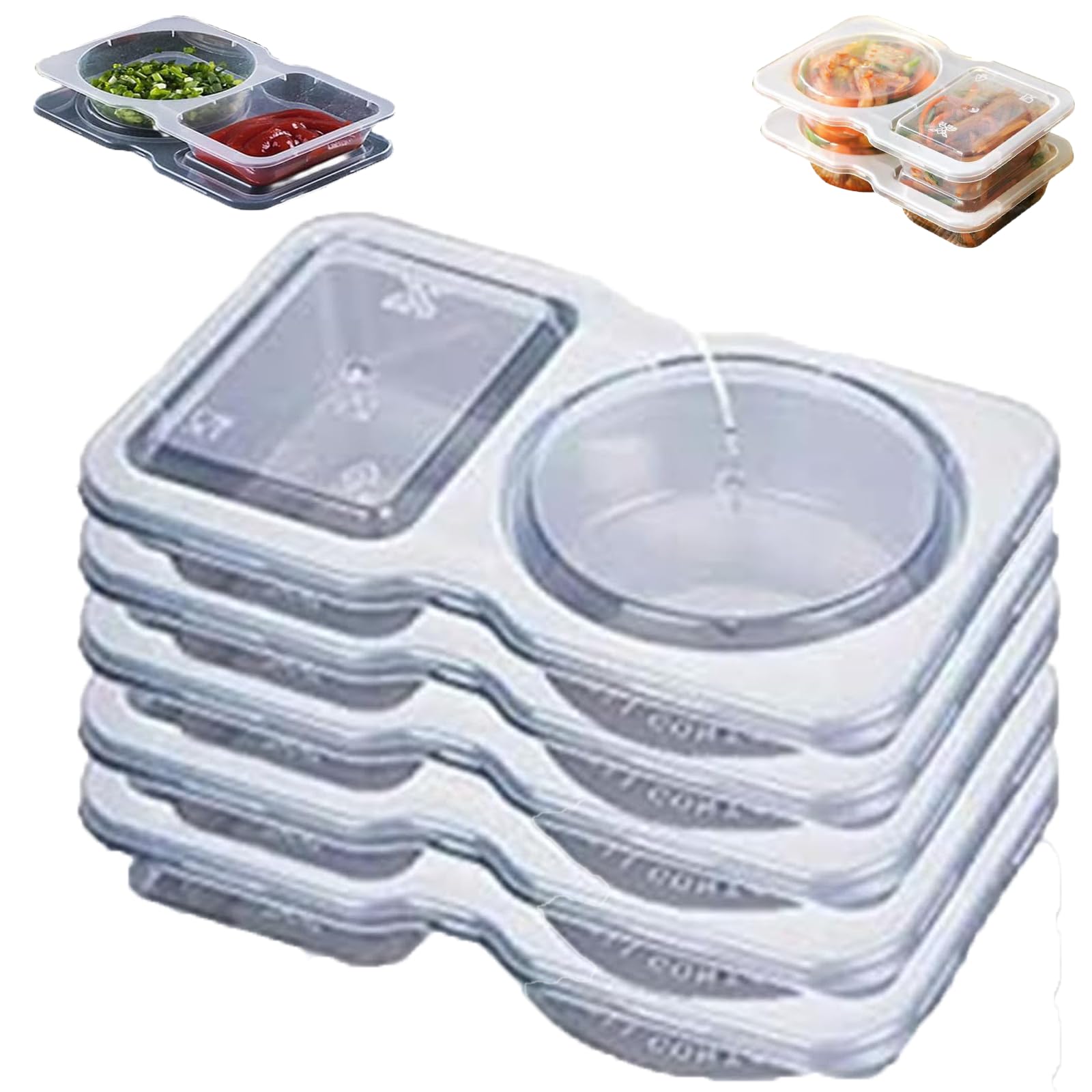Double Condiment Containers with Lids, Double Compartment Condiment Container, 2 Compartment Snack Containers, Double Compartment Snack Containers for to-go Sauce, Sampling, Travel Snack (5 Pc)