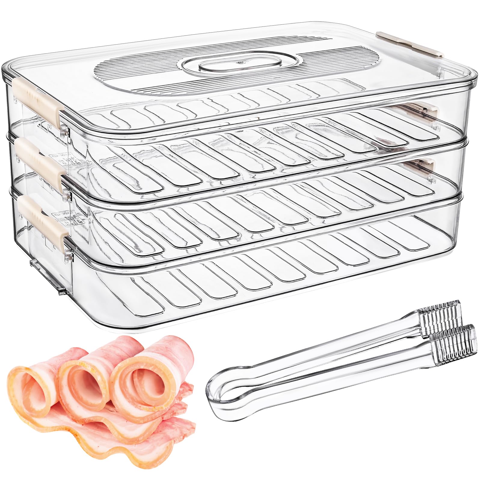 Deli Meat Container for Fridge, 3-Layer Lunch Meat Container for Refrigerator, BPA-Free Stackable Food Storage Boxes, Bacon Keeper Fridge Organization with 2 Pcs Serving Tongs for Bacon Ham Cheese