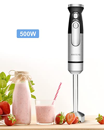 Amateys Handheld Immersion Blender,Infinitely Variable Speeds Hand Blender ,Multi-function Stainless Steel Handheld Stick Kitchen Blender with Whisk, Milk Frother，Detachable Smoothie Blender for Soup Puree Baby Food