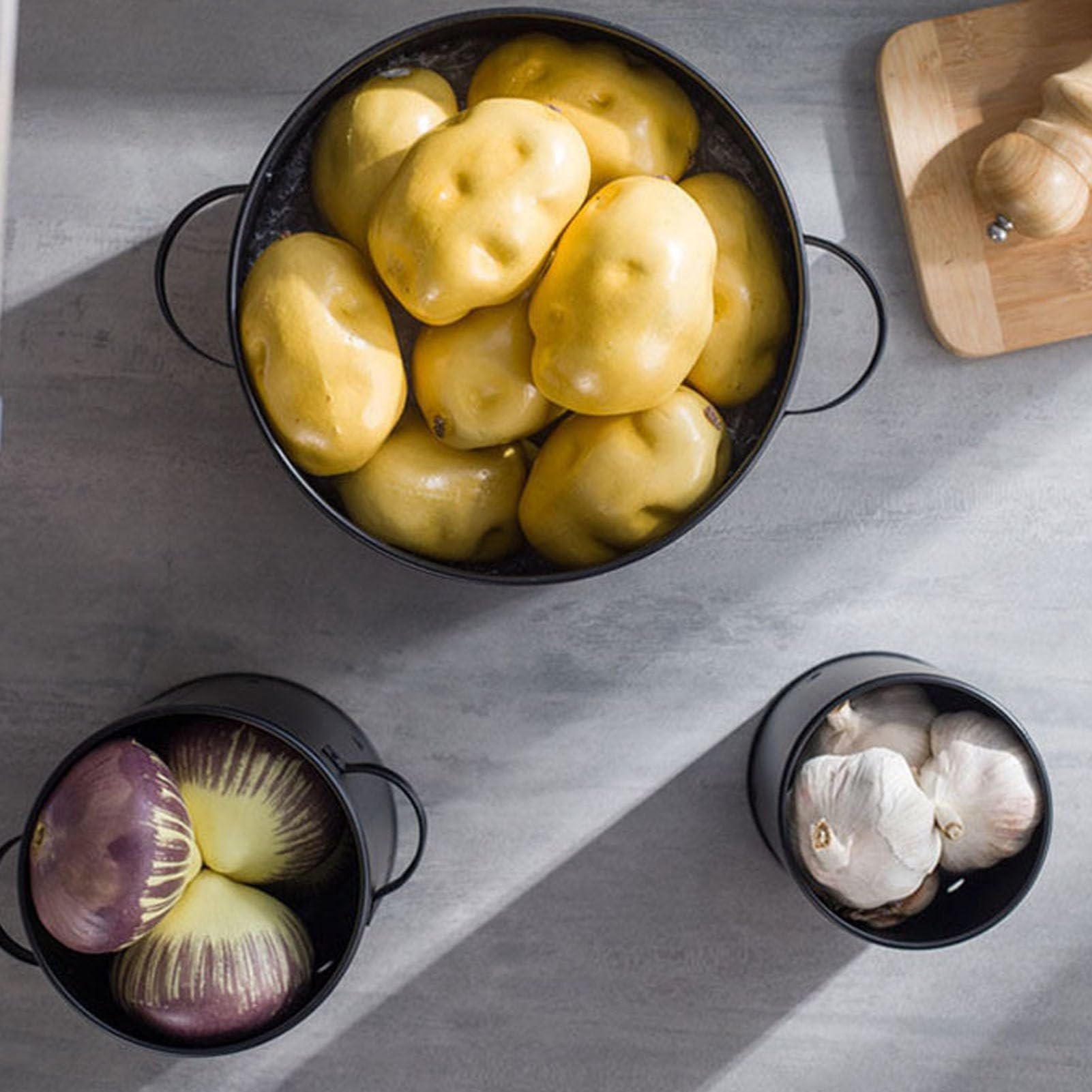 3Pcs Potato and Onion Storage Bin Set, Kitchen Vegetable Storage Tins, Onion Storage Garlic Keeper, Carbon Steel Farmhouse Potatoes Holder for Potatoes, Onions (Black)