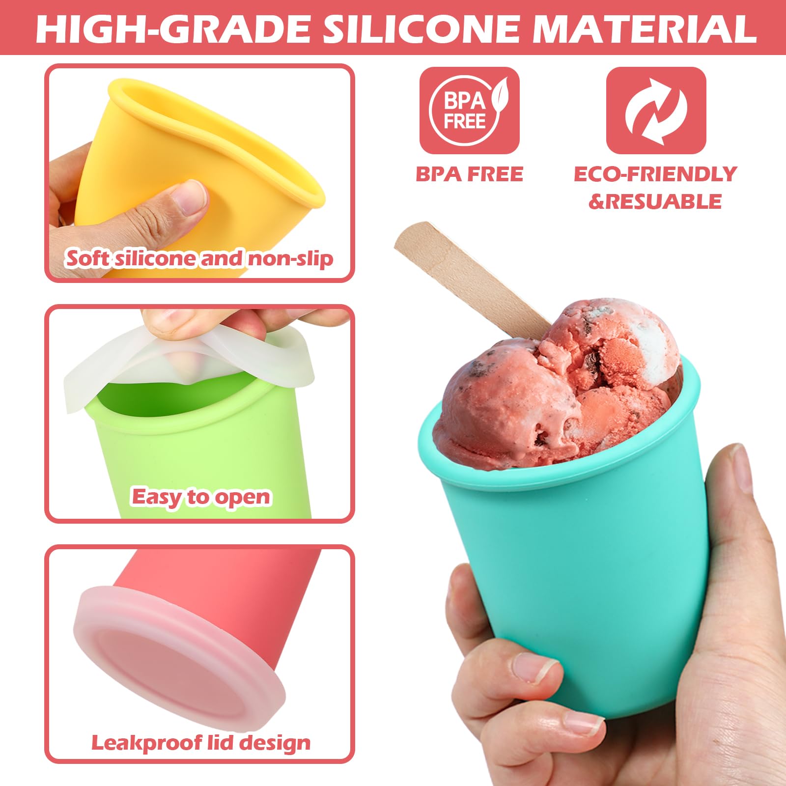Koluti Nonstick Silicone Ice Cream Containers 6oz with Lids, 4-Pack Reusable Small Homemade Oats Yogurt Freezer Container, Leak-proof Mini Food Storage Serving Cups, BPA Free and Dishwasher Safe