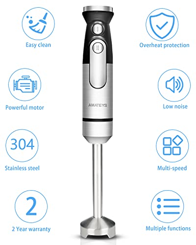 Amateys Handheld Immersion Blender,Infinitely Variable Speeds Hand Blender ,Multi-function Stainless Steel Handheld Stick Kitchen Blender with Whisk, Milk Frother，Detachable Smoothie Blender for Soup Puree Baby Food