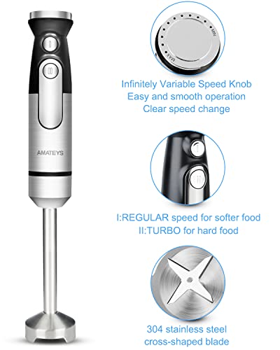 Amateys Handheld Immersion Blender,Infinitely Variable Speeds Hand Blender ,Multi-function Stainless Steel Handheld Stick Kitchen Blender with Whisk, Milk Frother，Detachable Smoothie Blender for Soup Puree Baby Food