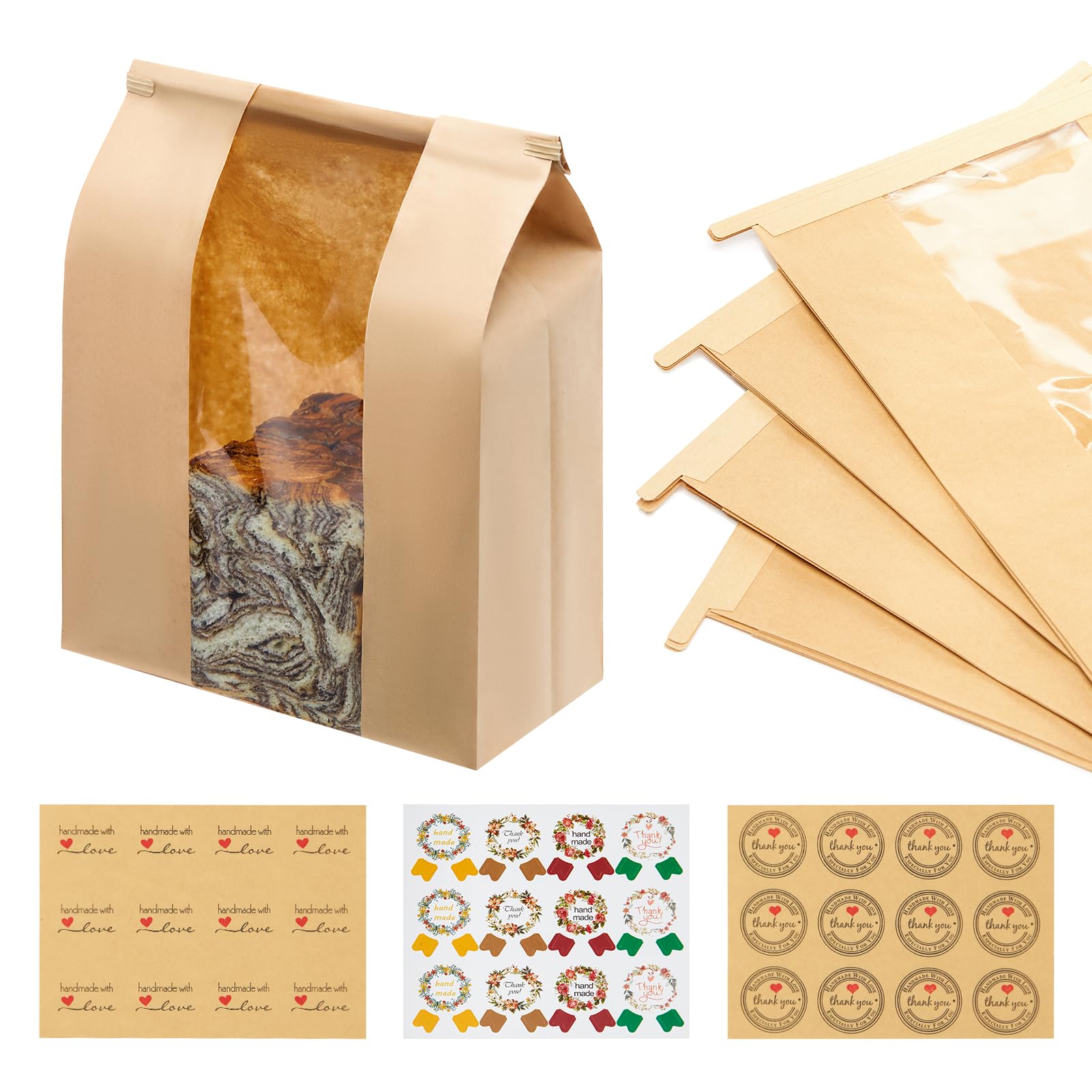 60 Pack Large Kraft Paper Bread Loaf Bag with Tin Tie Tab Lock ļ¼for Homemade Bread Loaf Bags 14" x 8.3" x 3.5"ļ¼Sourdough Bread Bags with Clear Front Window for Baked Food Packaging Storage. (60)
