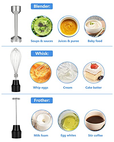 Amateys Handheld Immersion Blender,Infinitely Variable Speeds Hand Blender ,Multi-function Stainless Steel Handheld Stick Kitchen Blender with Whisk, Milk Frother，Detachable Smoothie Blender for Soup Puree Baby Food