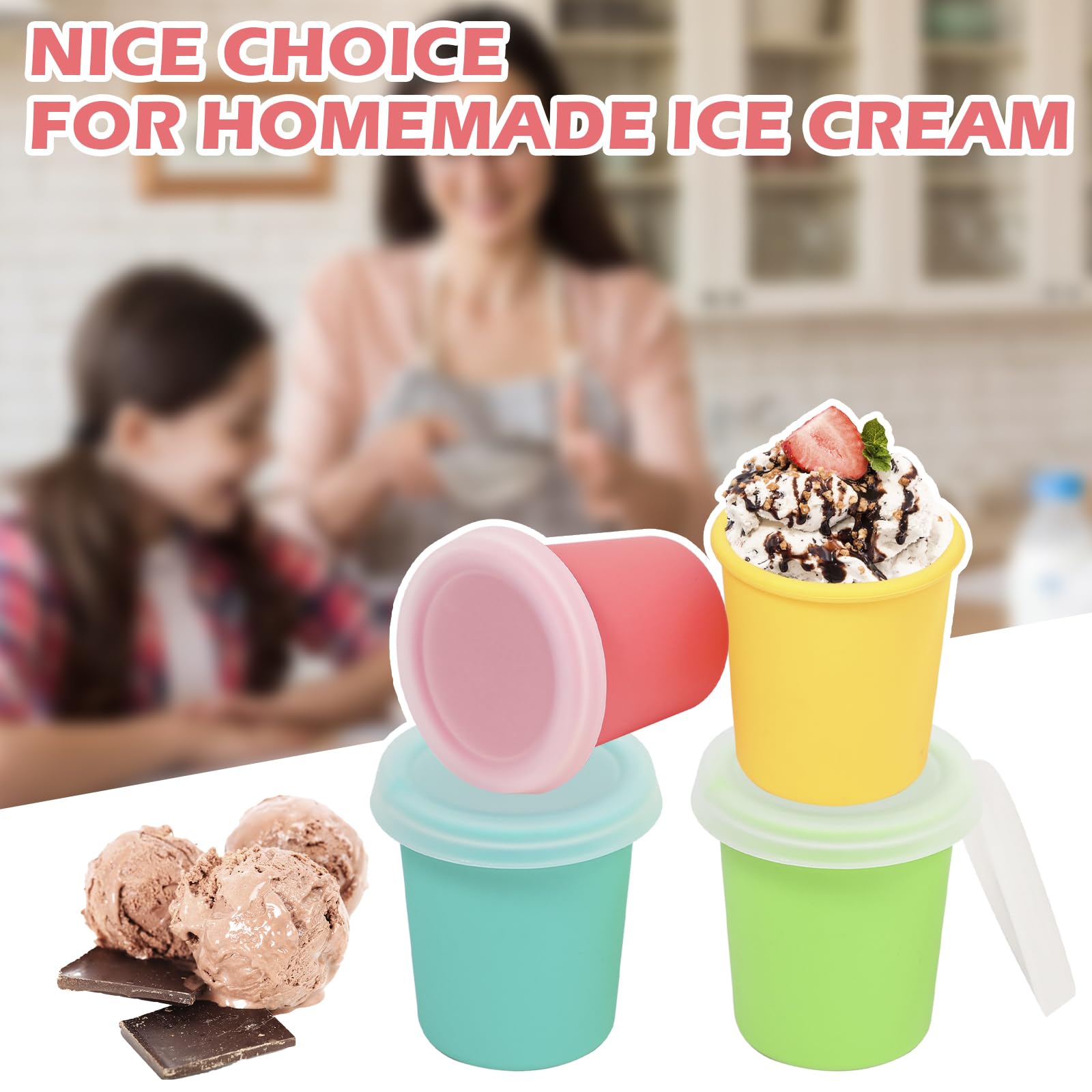 Koluti Nonstick Silicone Ice Cream Containers 6oz with Lids, 4-Pack Reusable Small Homemade Oats Yogurt Freezer Container, Leak-proof Mini Food Storage Serving Cups, BPA Free and Dishwasher Safe