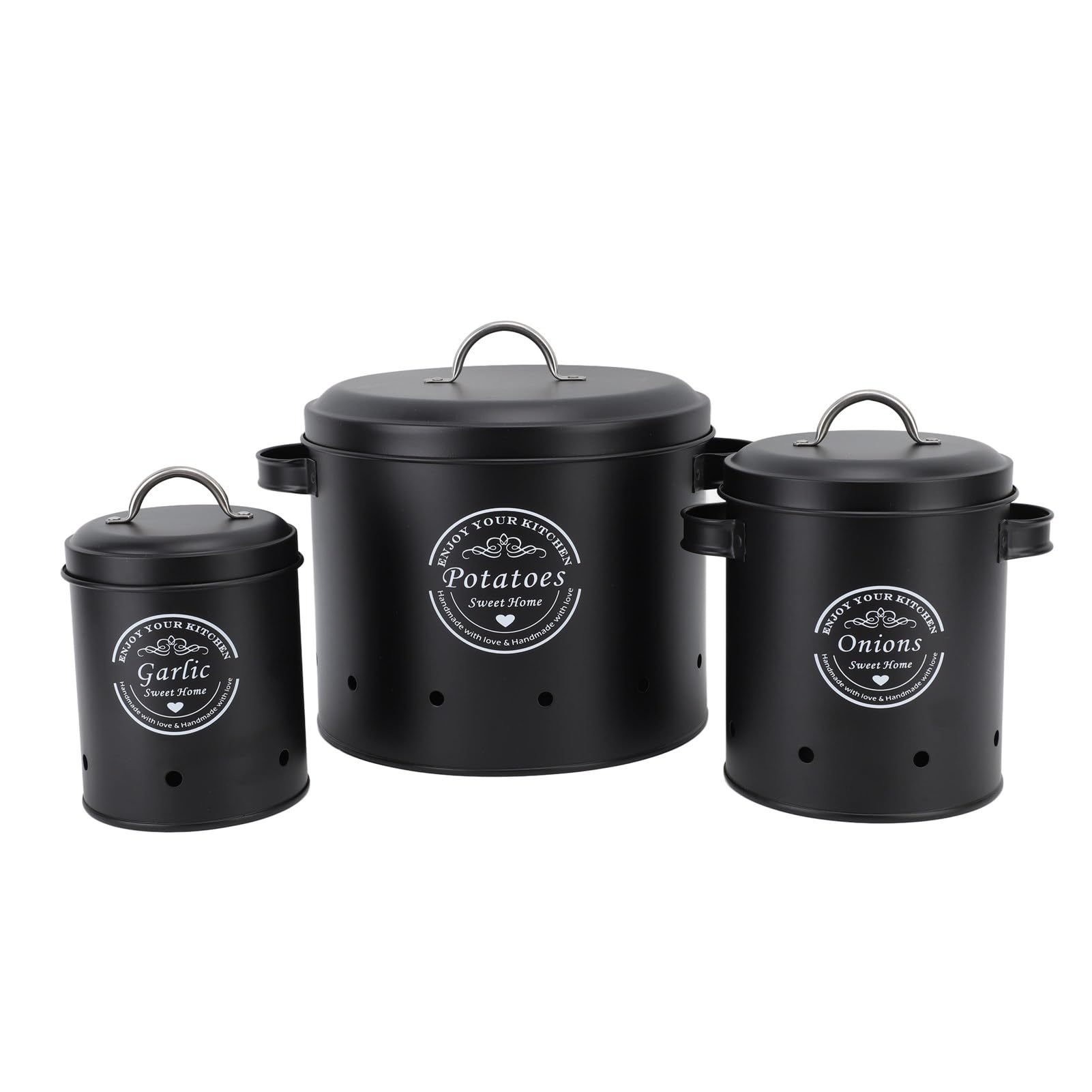 3Pcs Potato and Onion Storage Bin Set, Kitchen Vegetable Storage Tins, Onion Storage Garlic Keeper, Carbon Steel Farmhouse Potatoes Holder for Potatoes, Onions (Black)