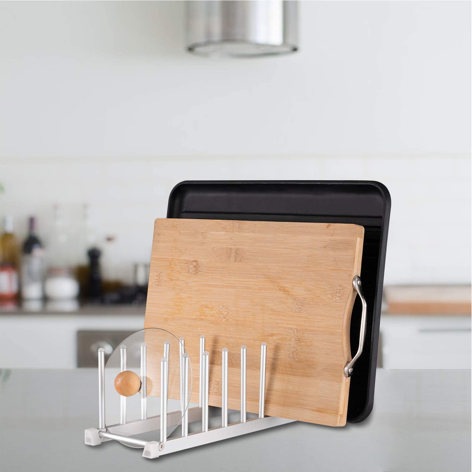 Aluminum Dish Plates Holder, Pot Lid Holder Organizer Bowl Cup Book Cutting Board, Drying Rack Stand Drainer Storage Holder, Rust Proof Organizer of Kitchen Cabinet (Silver)