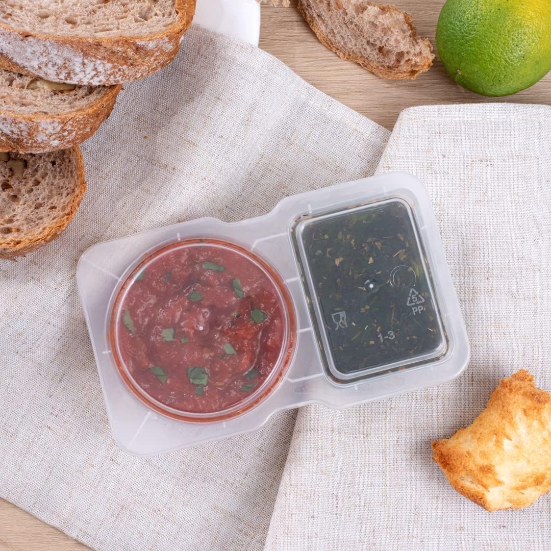 Double Compartment Condiment Container, Double Condiment Containers with Lids, 2 Compartment Snack Containers, Double Compartment Snack Containers for to-go Sauce, Sampling, Travel Snack (15-PC)
