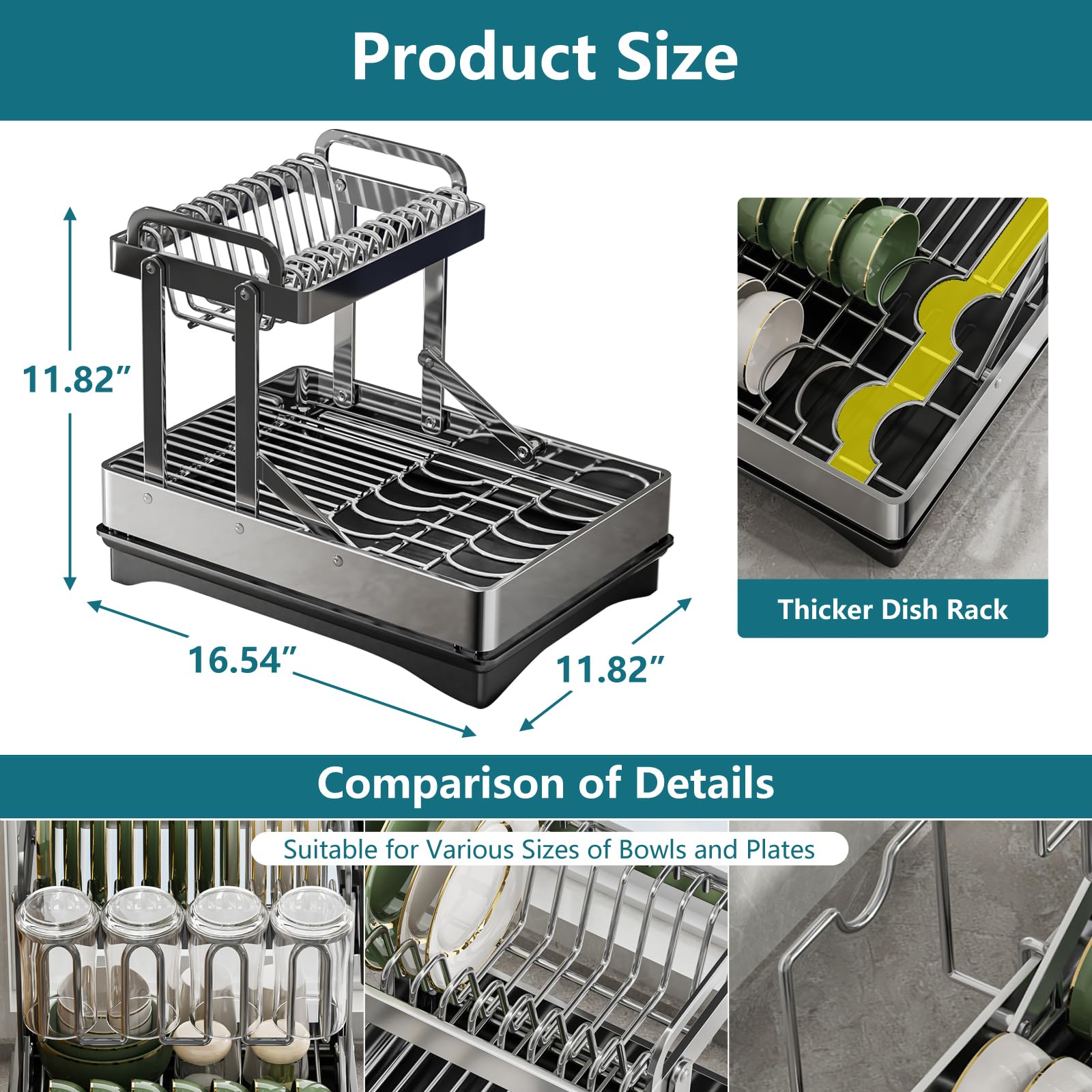 Stainless Steel Dish Drying Rack 2 Tier, Large Dish Racks for Kitchen Counter,Dish Drainer and Dish Rack with Drain of Rotatable Spout，Collapsible Dish Drying Rack for Kitchen Counter of family,Black