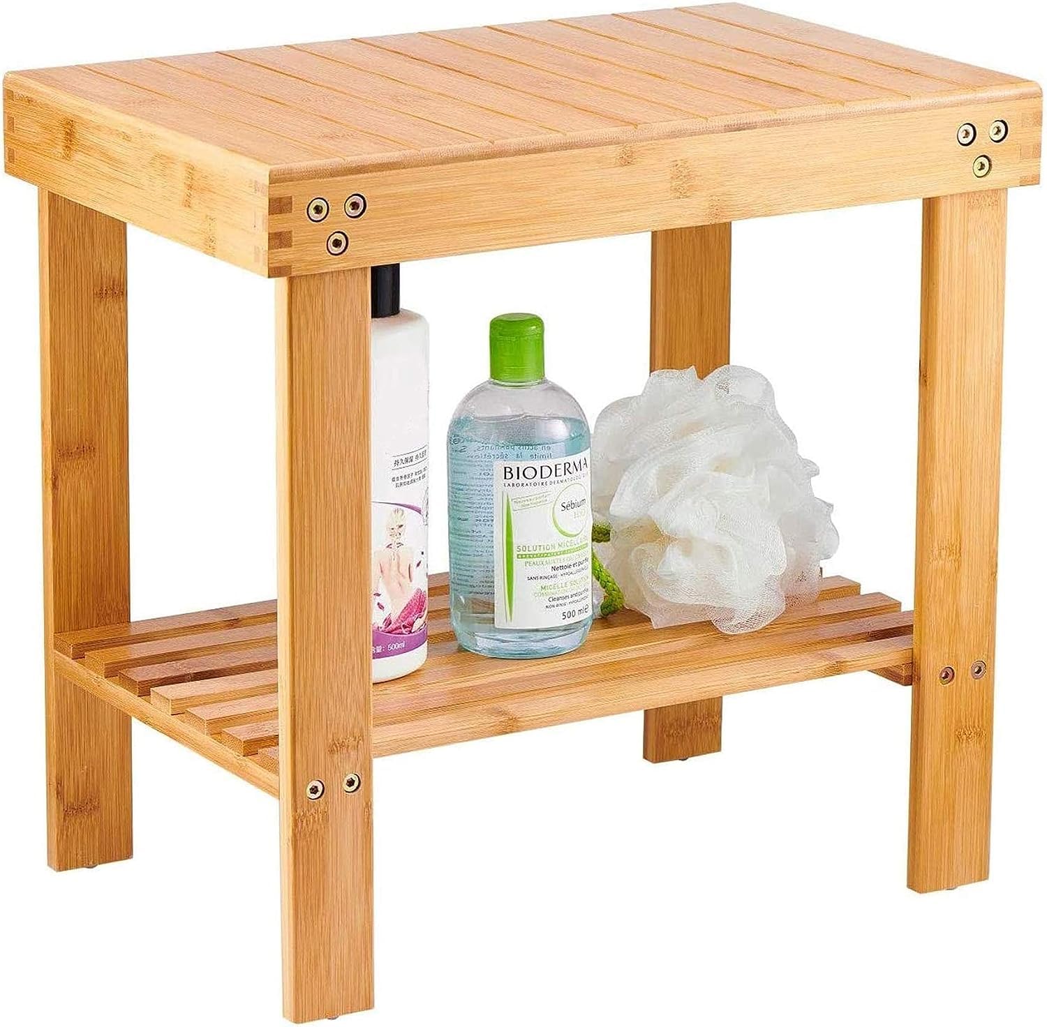 VaeFae Bamboo Spa Bench Wood Seat Stool Foot Rest Shaving Stool with Non-Slip Feets Storage Shelf for Shampoo Towel,Works in Bathroom/ Living Room/ Bedroom/Garden Leisure