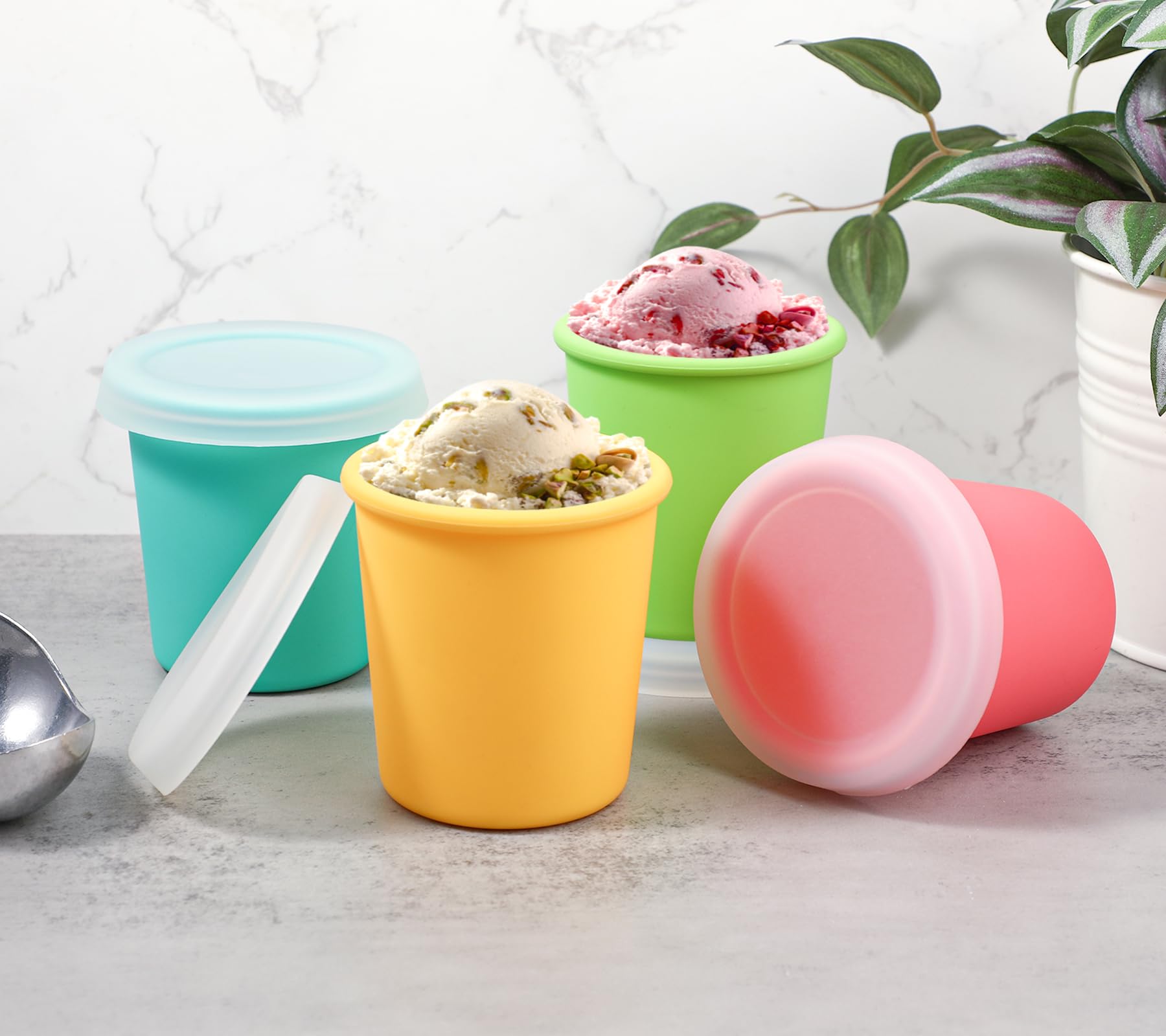 Koluti Nonstick Silicone Ice Cream Containers 6oz with Lids, 4-Pack Reusable Small Homemade Oats Yogurt Freezer Container, Leak-proof Mini Food Storage Serving Cups, BPA Free and Dishwasher Safe
