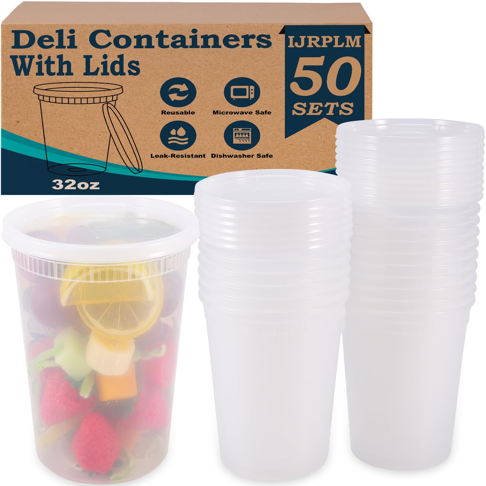 IJRPLM 50 Pack Deli Containers with Lids,32oz Plastic Deli Food Storage Containers, Leakproof Clear Takeout Container With Airtight Lids, BPA-Free, Microwave Dishwasher Freezer Safe,Heavy-Duty Quality