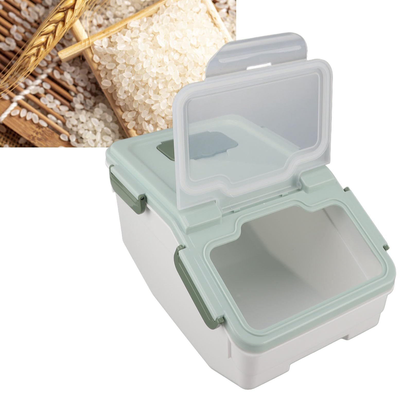 Mumusuki Large Capacity Rice Container Airtight Storage with Easy Open Lid Mint Green PP Material Multi Functional Grain Storage, for Home and Commercial Kitchens (10kg / 22lb)