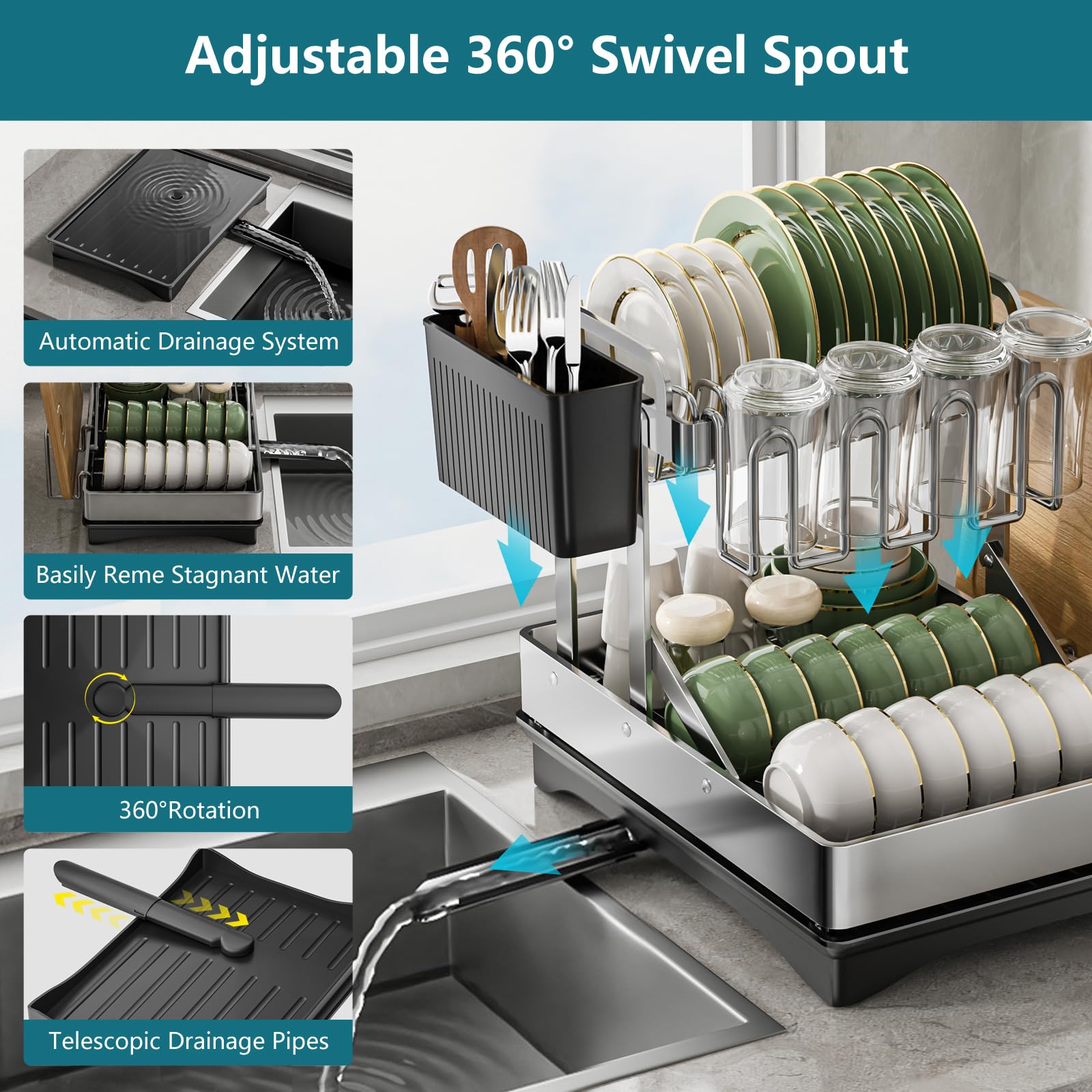 Stainless Steel Dish Drying Rack 2 Tier, Large Dish Racks for Kitchen Counter,Dish Drainer and Dish Rack with Drain of Rotatable Spout，Collapsible Dish Drying Rack for Kitchen Counter of family,Black