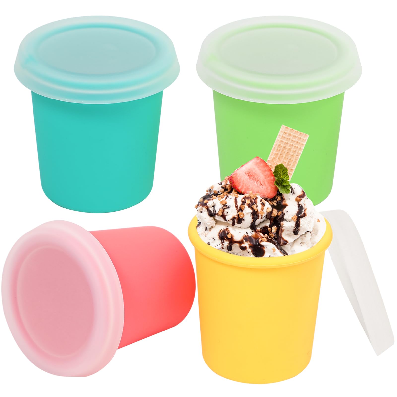 Koluti Nonstick Silicone Ice Cream Containers 6oz with Lids, 4-Pack Reusable Small Homemade Oats Yogurt Freezer Container, Leak-proof Mini Food Storage Serving Cups, BPA Free and Dishwasher Safe