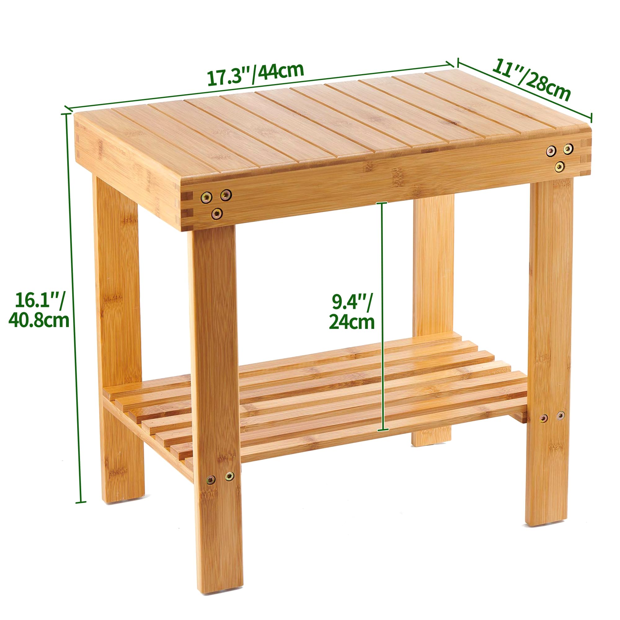VaeFae Bamboo Spa Bench Wood Seat Stool Foot Rest Shaving Stool with Non-Slip Feets Storage Shelf for Shampoo Towel,Works in Bathroom/ Living Room/ Bedroom/Garden Leisure